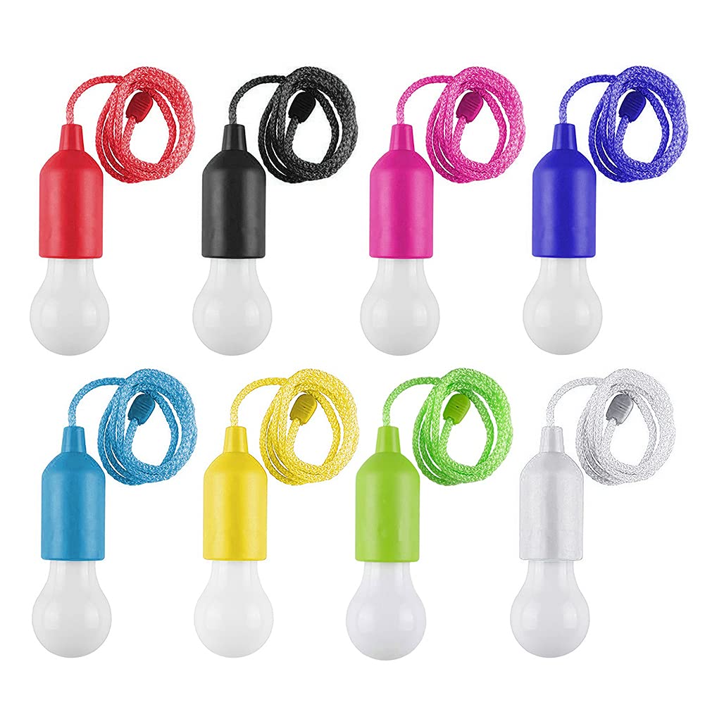 8 Pack LED Pull Cord Light Bulb, Colorful LED Bulb Light Hanging Pull Cord Lamp Battery Operated, Portable Night Light for Party, Festivals Lighting, Camping, Child Room Decoration (Color Mixing)
