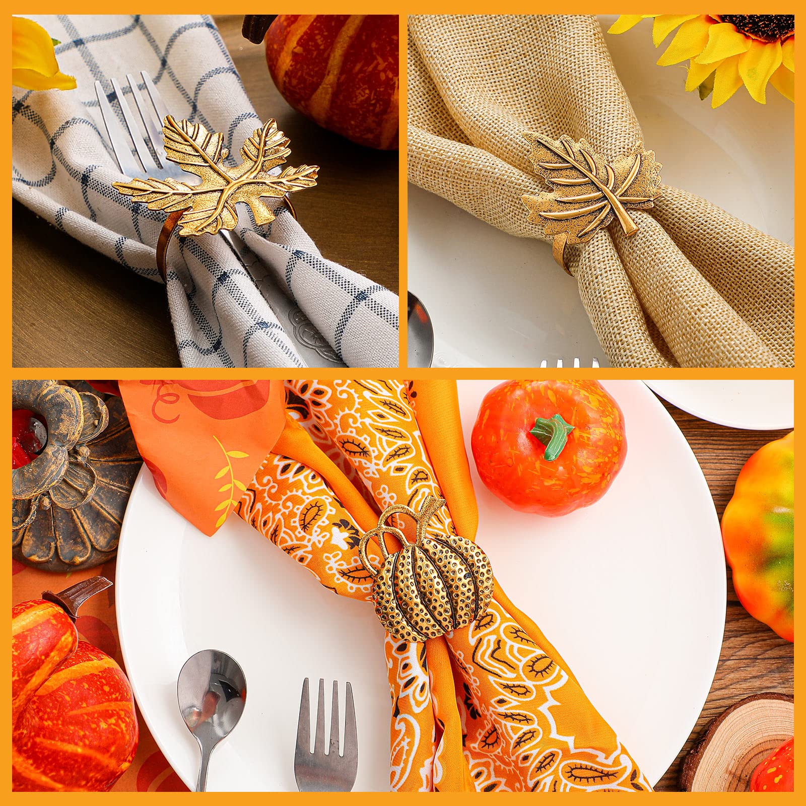 WILLBOND 12 Pcs Thanksgiving Napkin Ring Set Pumpkin Napkin Holders Fall Napkin Rings Fall Leaf Napkin Rings Alloy Napkin Holder Buckle for Halloween Home Party Table Decor Wedding Supplies(Classic)