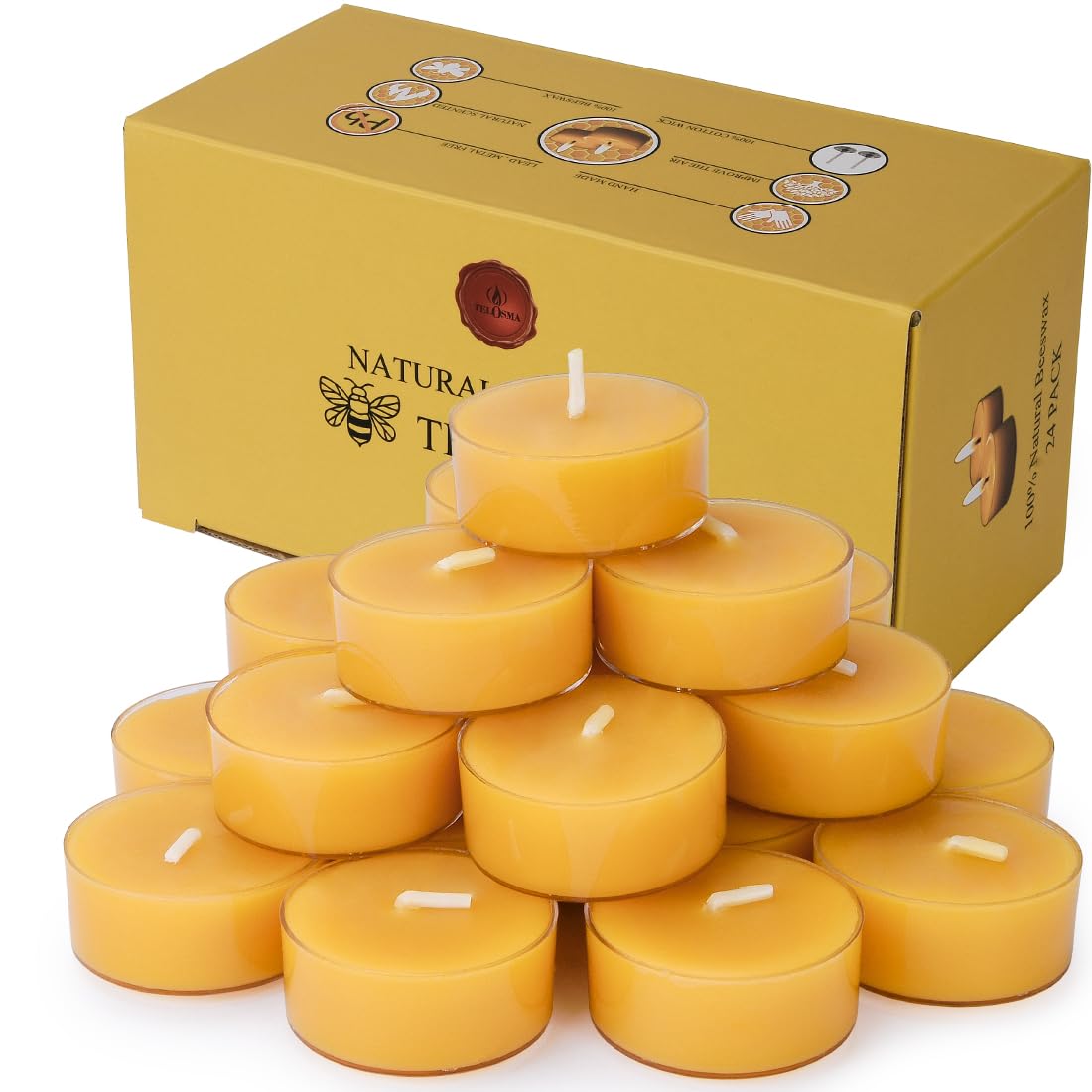 Natural Yellow Beeswax Tealight Candles - 24 pcs - Organic Candle Natural Scent Smokeless Clean Burning