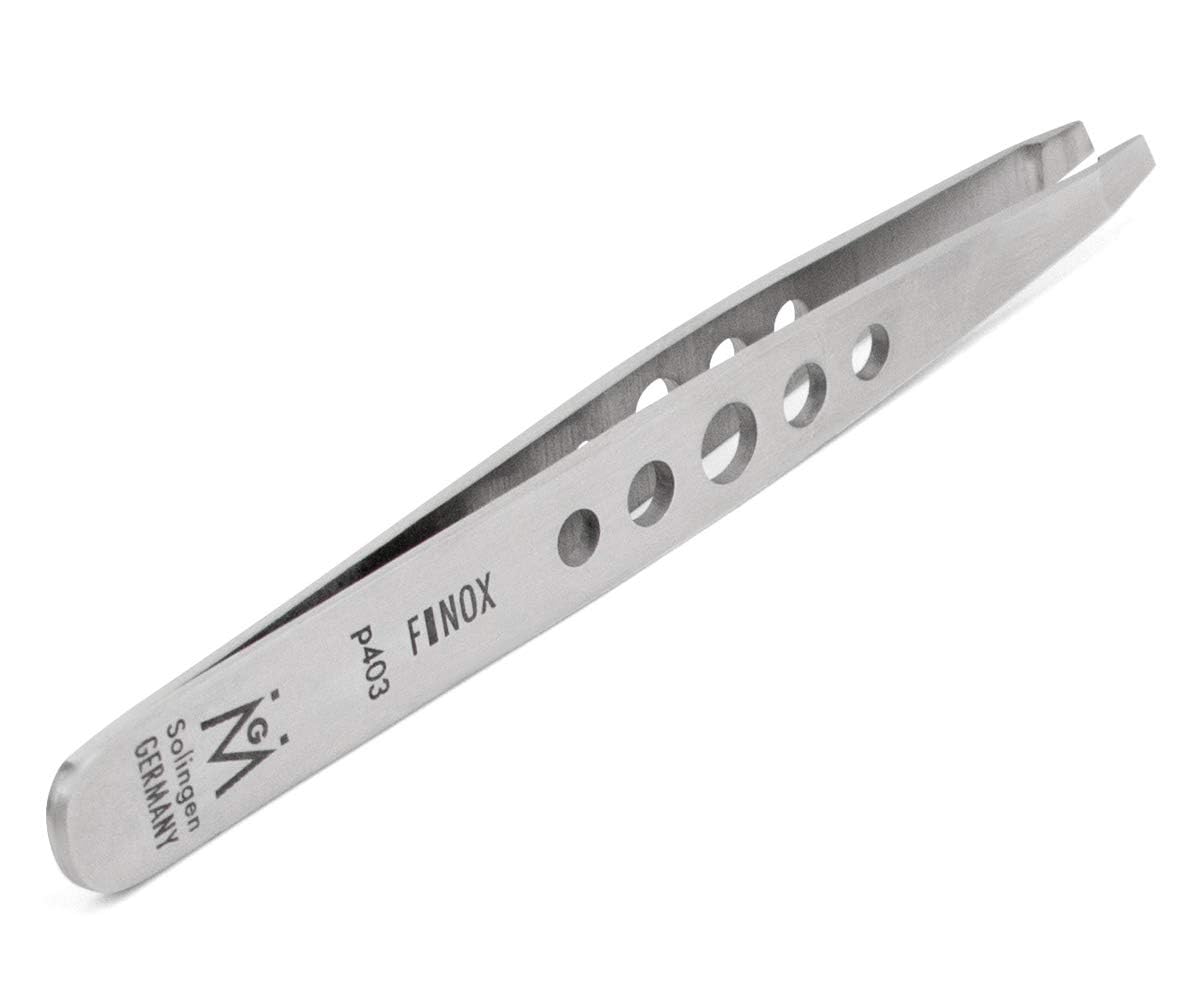 GERMANIKURE Professional Perforated Slanted Tweezers - FINOX Stainless Steel sharp tweezers in Leather Case - Professional Tweezers –Easy to use best tweezers- Ethically made in Solingen Germany 4403