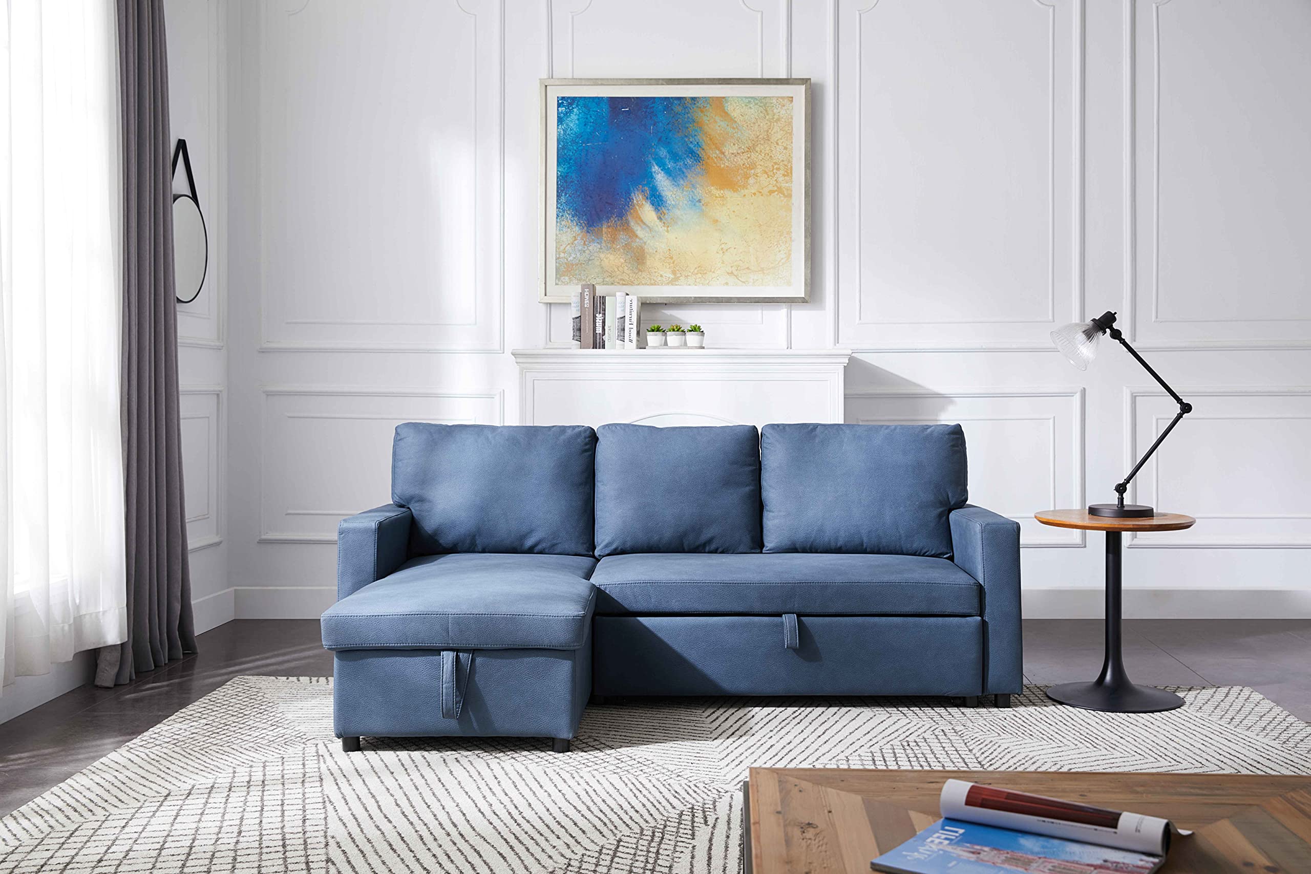 ATY Reversible Sectional Sleeper Sofa with Storage Chaise, L Shape Couch with Pull-Out Bed, Living Room Furniture, 85", Blue
