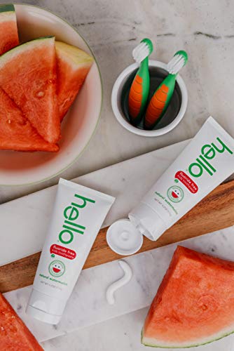Hello Oral Care Kids Fluoride Free and SLS Free Toothpaste Twin Pack with BPA-Free Kids & Toddler Toothbrush, Natural Watermelon