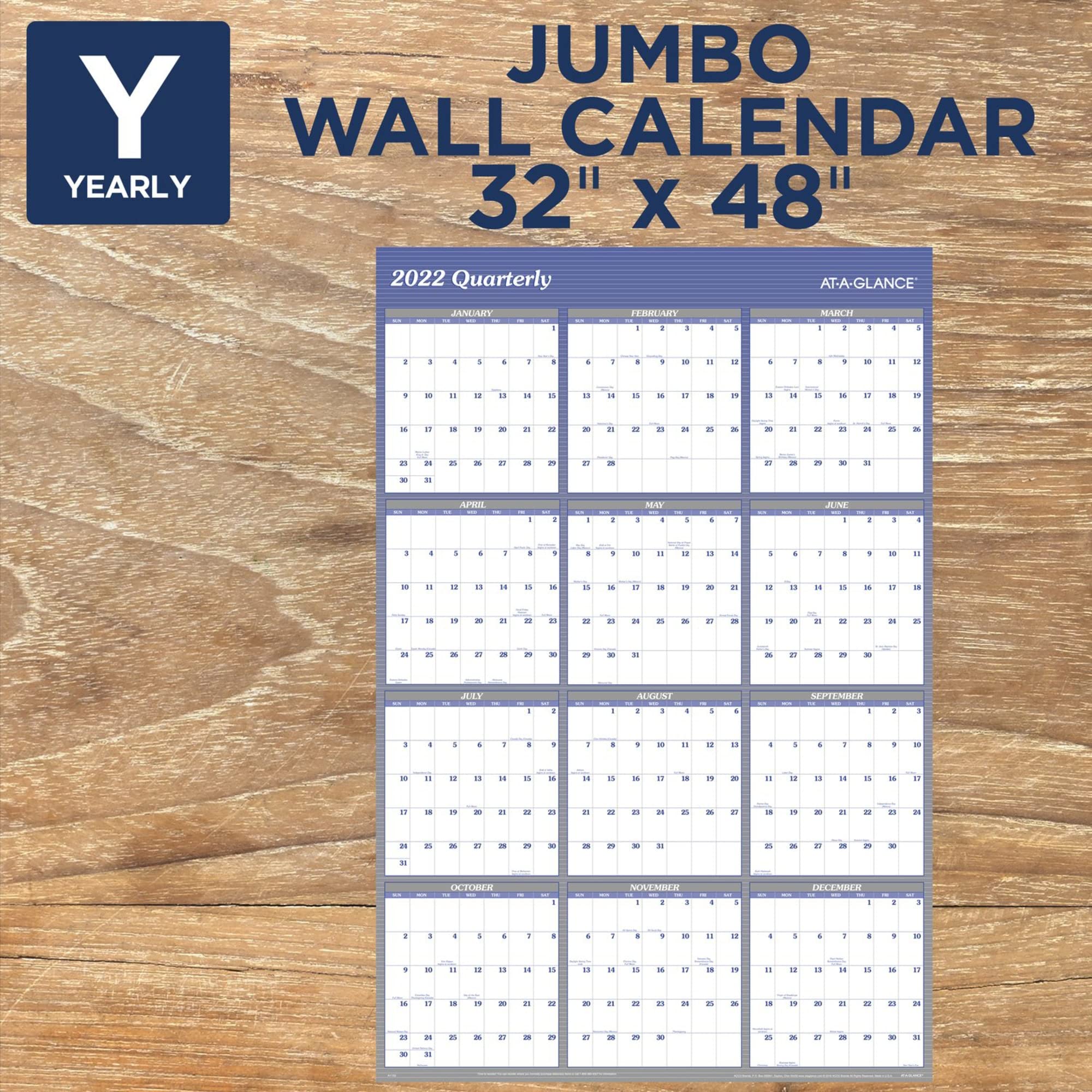 2022 Erasable Calendar, Dry Erase Wall Planner by AT-A-GLANCE, 48" x 32", Jumbo, Vertical/Horizontal, Reversible, Blue (A1152)