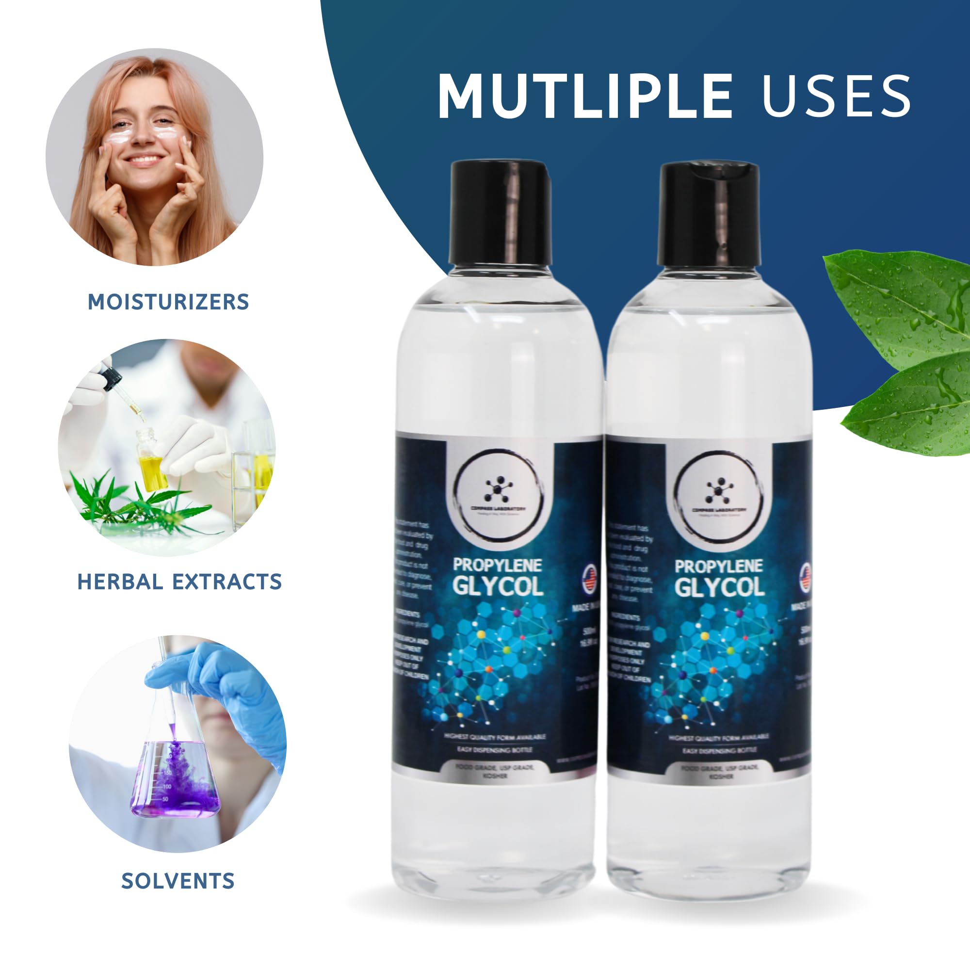 Propylene Glycol 2 Pack, Pure PG Dispensing Bottles, USP Kosher Food Grade PG Liquid for Soaps, Lotions, Moisturizers, Solvents, 500mL by Compass Laboratory