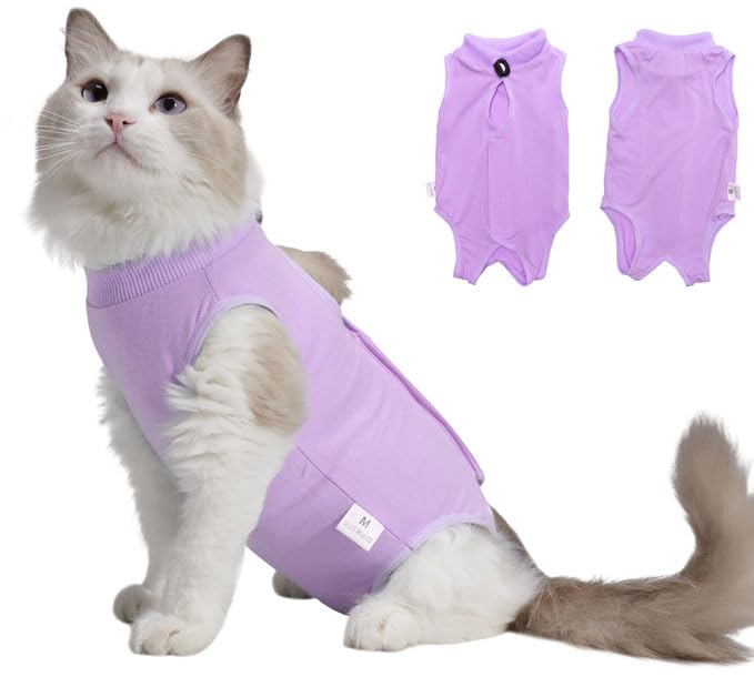 Acoutpet Cat Recovery Suit Female Kitten Cat Onesie for Cats After Surgery Female Spay Surgical Abdominal Wound Skin Diseases Cone Collar Soft Alternative Wear (Purple, S)