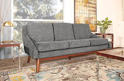 Office Star Davenport Mid-Century Sofa with Thick Cushions and Solid Wood Coffee Finish Legs, Charcoal Fabric