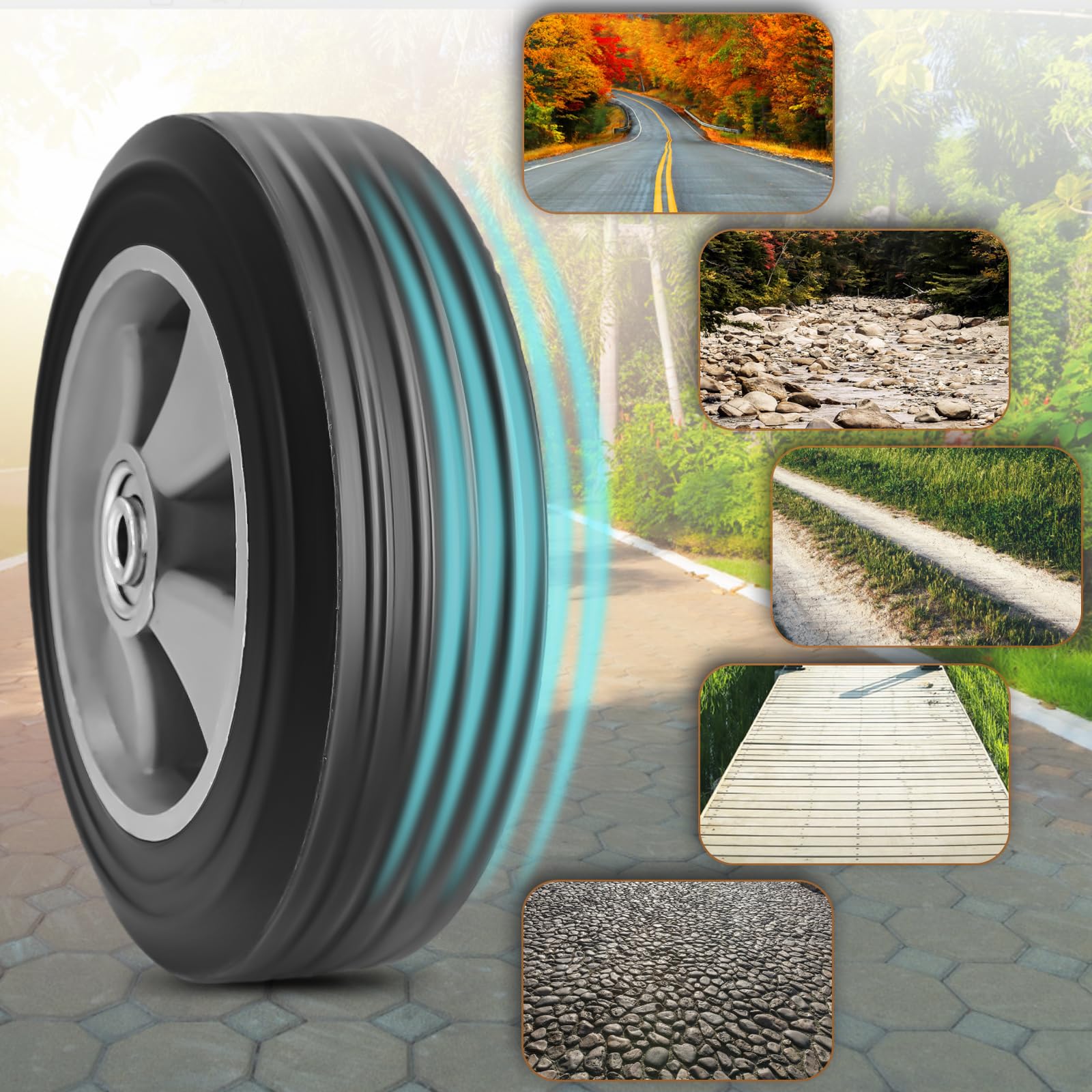 8" x 2.2" Run-Flat Solid Rubber Tire Replacement Wheels with 1/2 Inch Axle Size for Carts, Hand Trucks, and Wagons