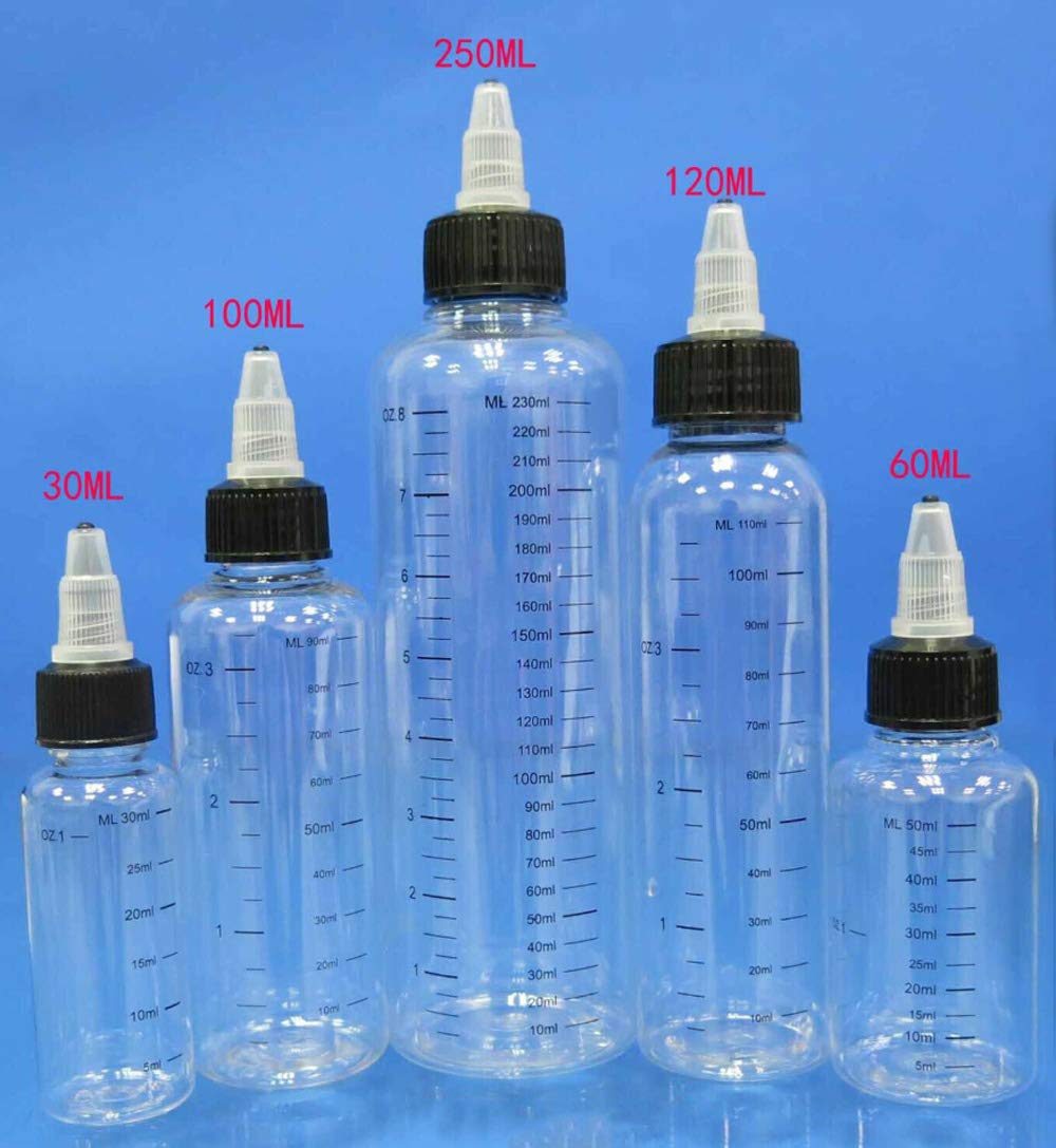 NANSHINE Graduated Bottles 10PCS 250ml(8.45oz) PET Plastic Pointed Bottles with Twist Top Cap Plastic Graduated PET Dropper Water Liquid Bottles