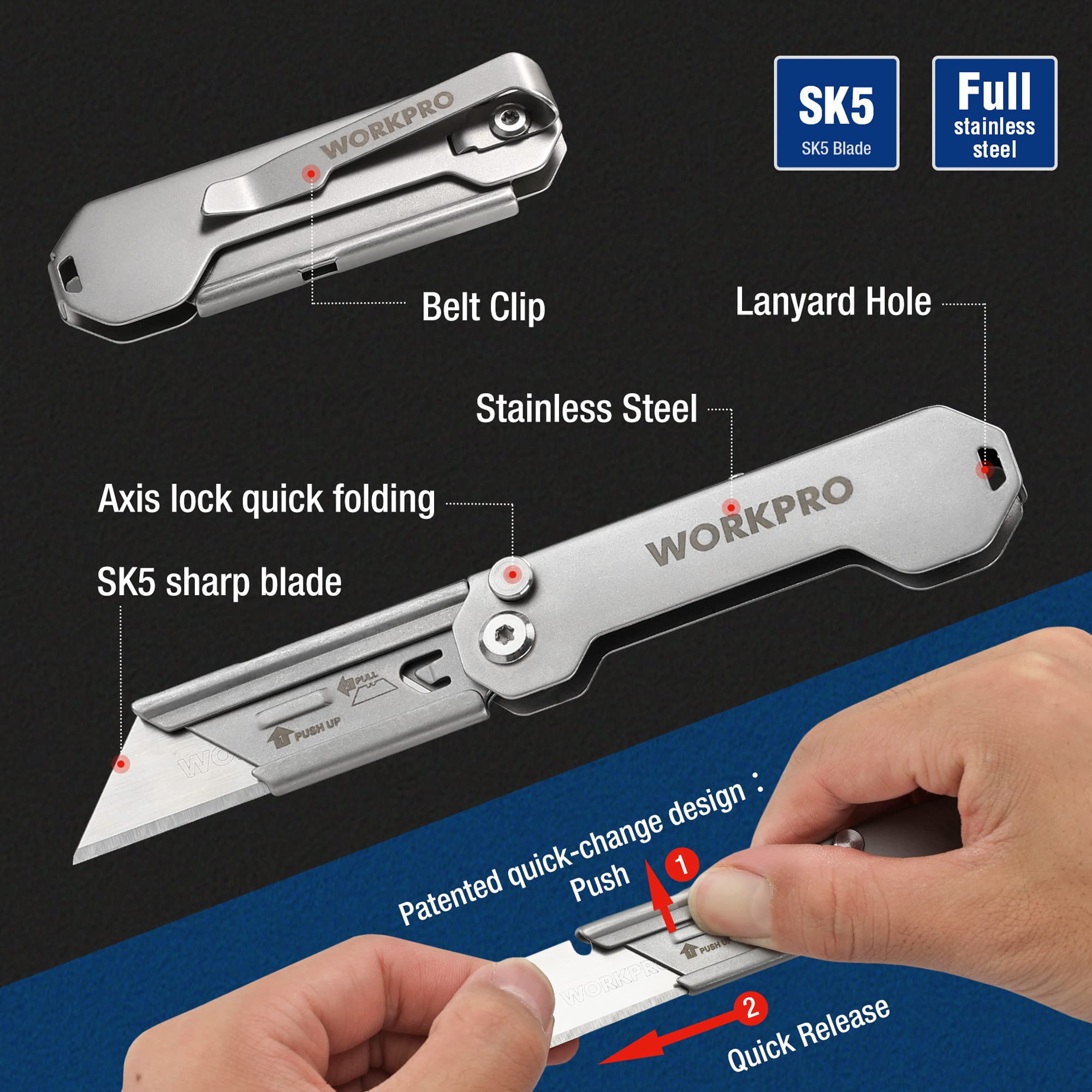 WORKPRO Folding Utility Knife, 3-Pack EDC Foldable Pocket Utility Knife Sets&WORKPRO 50-Pack Utility Knife Blades with Dispenser