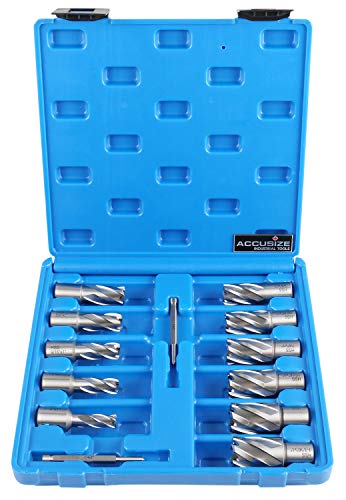 Accusize Industrial Tools 13 Pc 7/16'' to 1-1/16'' Hss Annular Cutters, 1'' Cutting Depth, 3/4'' Weldon Shank, with 2 Pilot Pins, Strong Box, N10