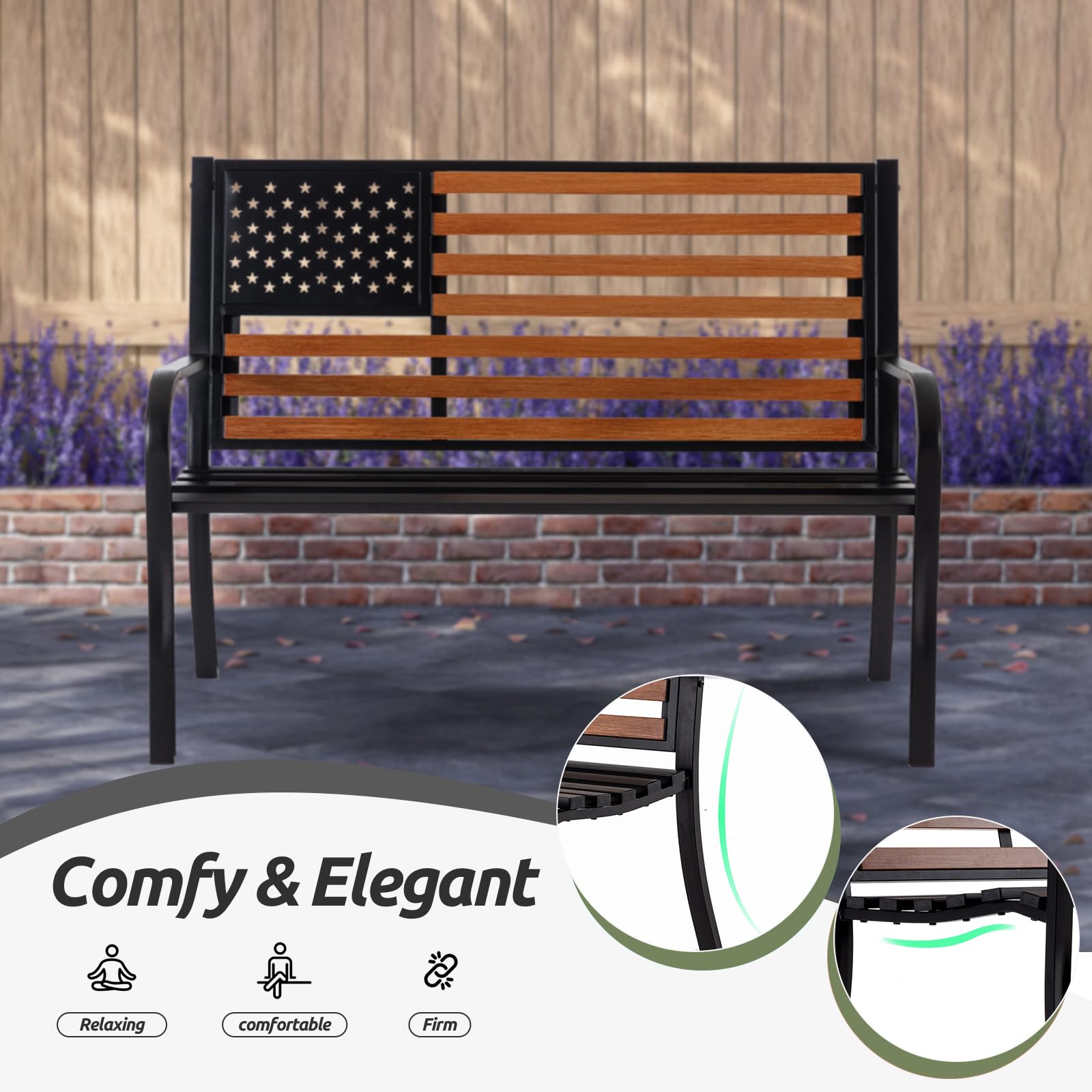 𝐀𝐭𝐭𝐥𝐢𝐚𝐬𝐚𝐥𝐨𝐧 50” Outdor Bench Garden Bench with American Flag Style, Sturdy Cast Iron Metal Frame Patio Park Bench for Porch Yard Lawn Deck Park