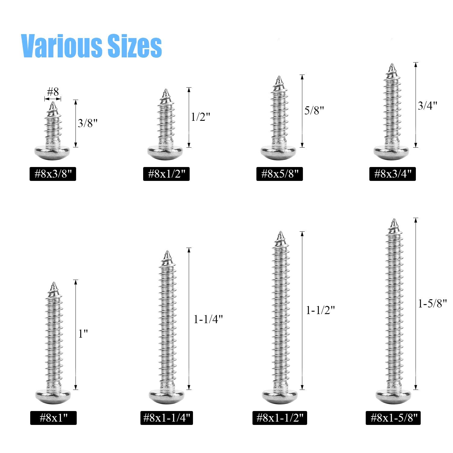 DYWISHKEY 200 Pieces #8 x 3/8", 1/2", 5/8", 3/4", 1", 1-1/4", 1-1/2", 1-5/8" Stainless Steel 304 Phillips Pan Head Self-Tapping Screws, Wood Screws Assortment Kit