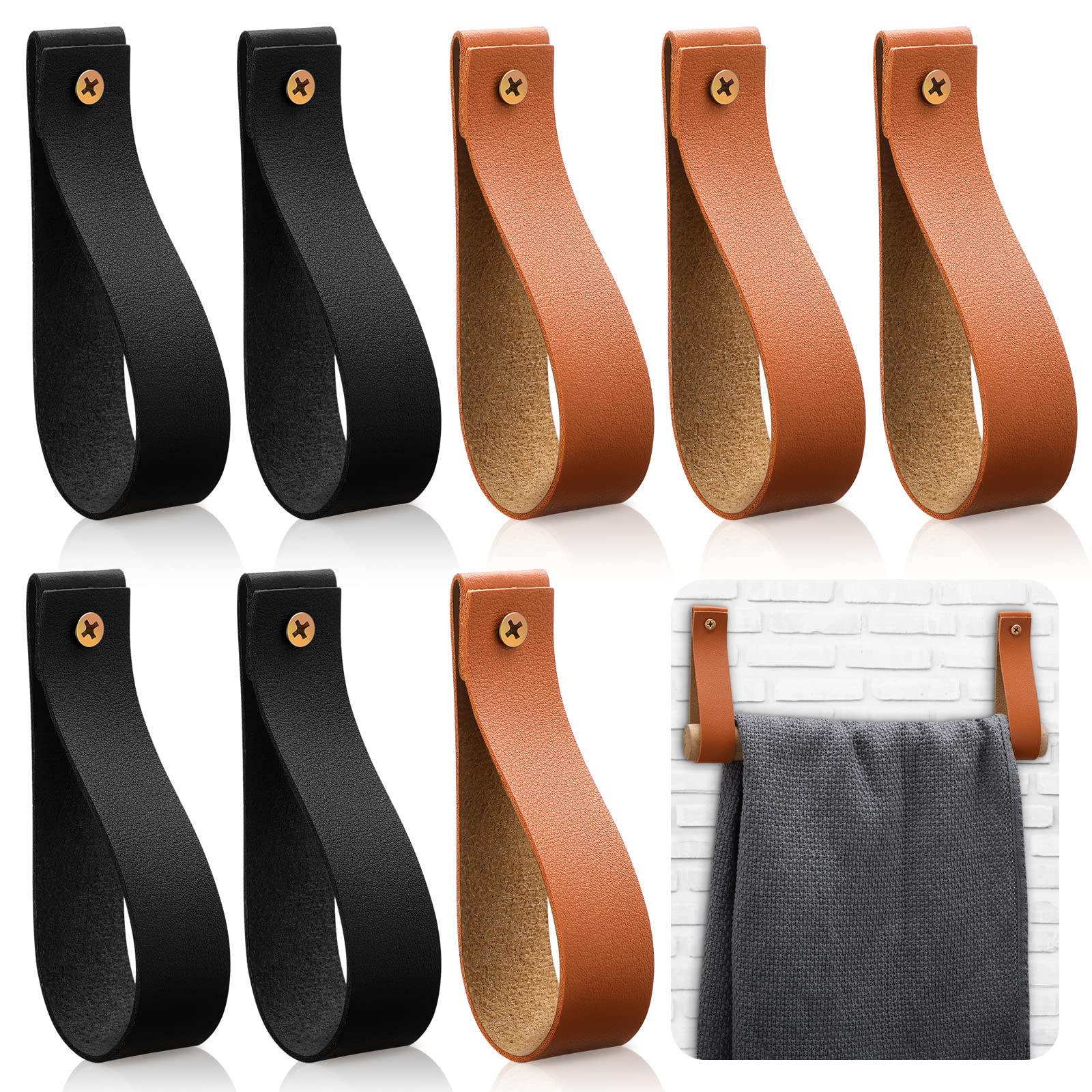 8 Pcs PU Leather Wall Hooks Wall Hanging Straps Pu Leather Curtain Rod Holder Towel Holders for Wall Faux Leather Strap Hanger Wall Mounted Pu Leather Hooks for Towel Bathroom Kitchen (Black, Yellow)