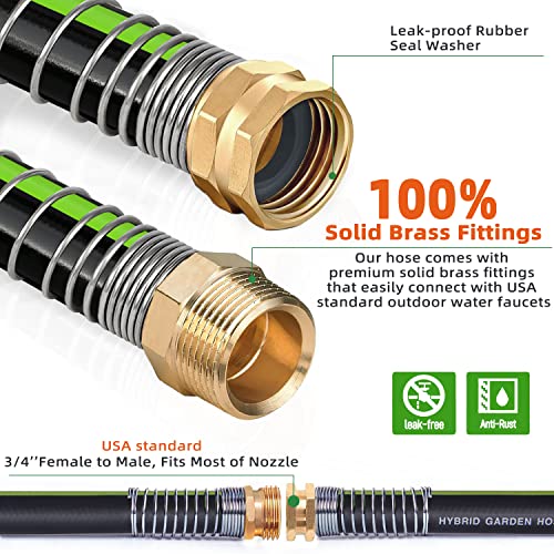 Hybrid Garden Hose50ft x 5/8" – No Kink,Heavy Duty,Lightweigh Flexible,Leakproof Water Hose – 3/4"Solid Brass Connectors - Rubber Car Hoses Pipe for outdoor Watering& Washing,600 Burst PSI