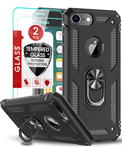 LeYi Compatible for iPhone 8 Case, iPhone 7 Case, iPhone 6s/ 6 Case with Tempered Glass Screen Protector [2 Pack], Military-Grade Protective Phone Case with Kickstand Ring for iPhone 6/6s/7/8, Black