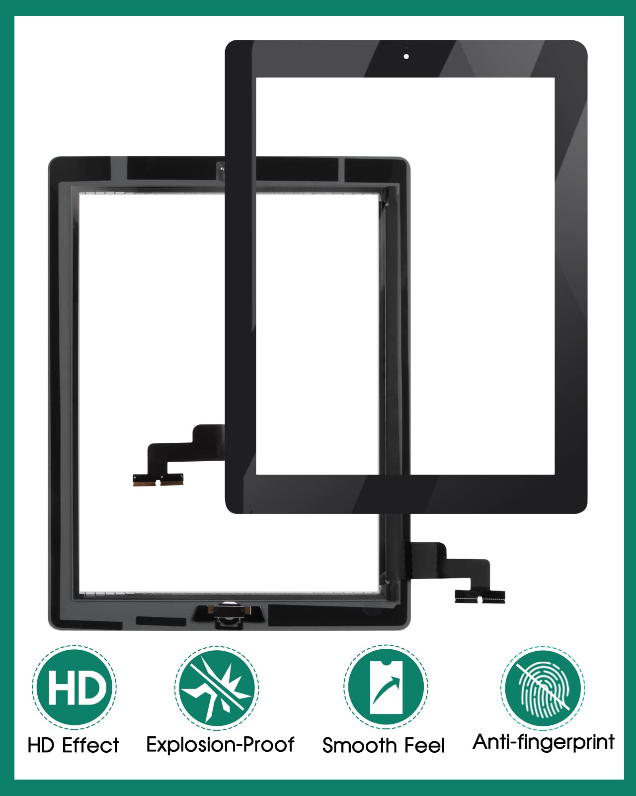 SRJTEK for iPad 2 Touch Screen Replacement A1397 A1395 A1396 Touch Digitizer Glass Parts,with Home Button + Cameral Holder + Pre-Installed Adhesive + Middle Frame Bezel(Black)