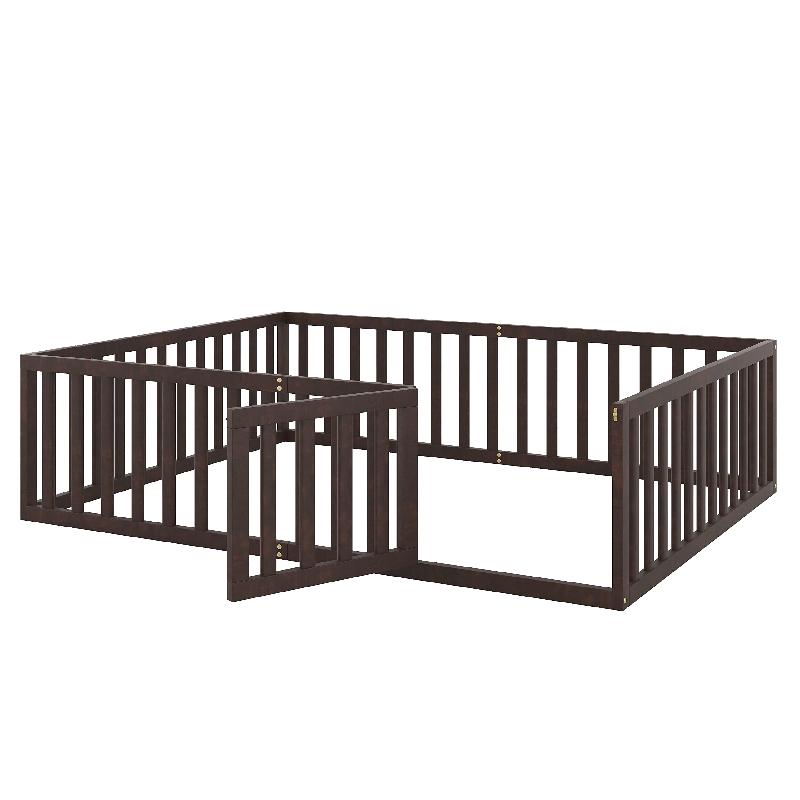 Harper & Bright Designs Queen Size Floor Bed with Rails, Montessori Bed Queen Size Wood Floor Bed Frame with Fence and Door, for Kids Girls Boys (Walnut)