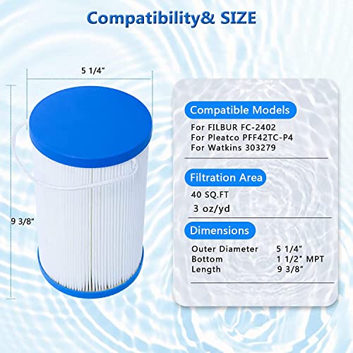 303279 Spa Filter Compatible with Watkins ๐ฏ๐ฌ๐ฏ๐ฎ๐ณ๐ต, ๐๐-๐ฎ๐ฐ๐ฌ๐ฎ, PFF42TC-P4, 78460, SD-01322, 5CH-37, LSX1057 Free Flow and Lifesmart Hot Tub Filter, 1 1/2" MPT Finer Thread Spa Filter - 2 Packs