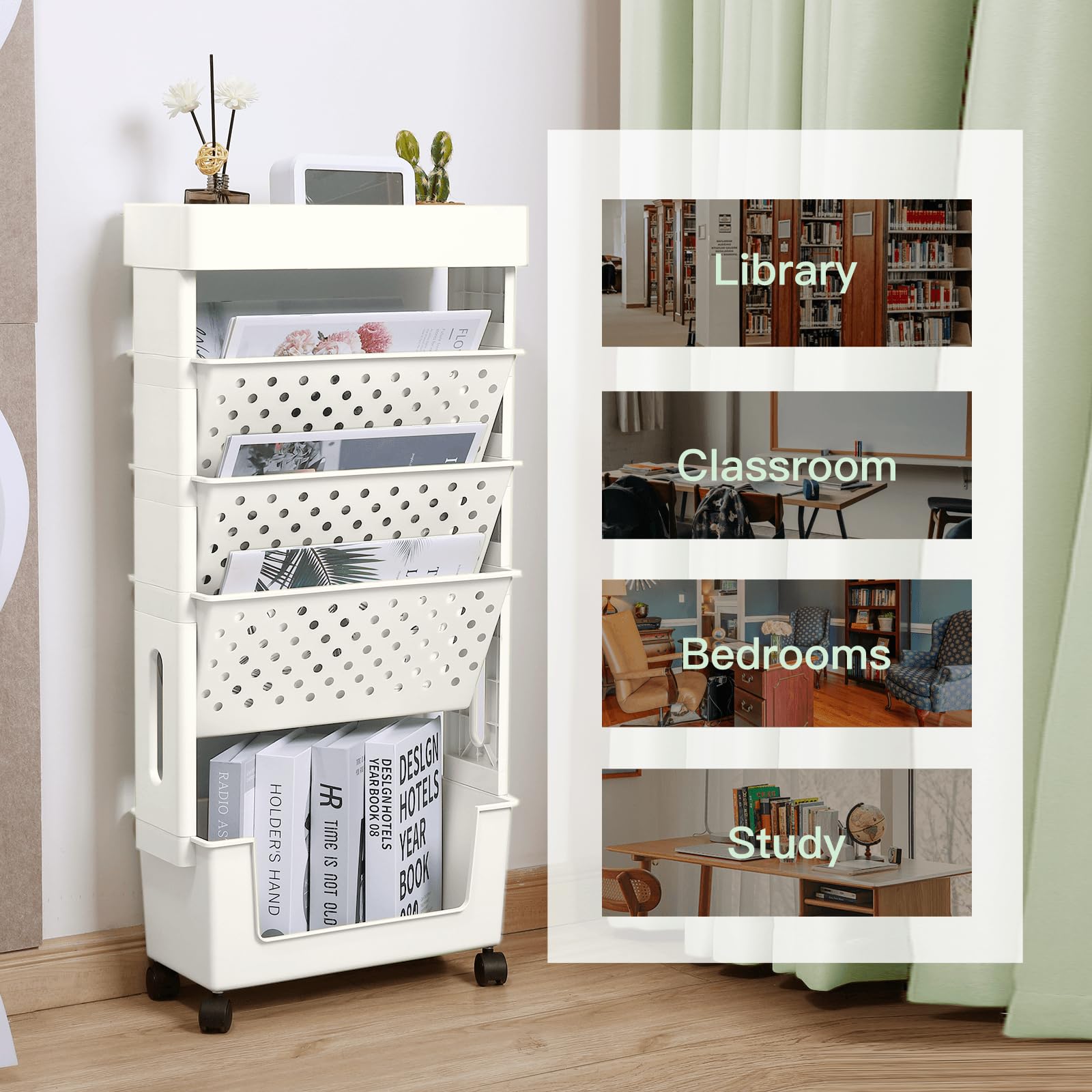 5-Tier Plastic Mobile Bookshelf with Wheels, Desk Organizer Document Folder File Storage with Pen Holder,Rolling Book Cart Movable Bookshelf for Office, Dorm, Classroom,Library, Living Room (White)