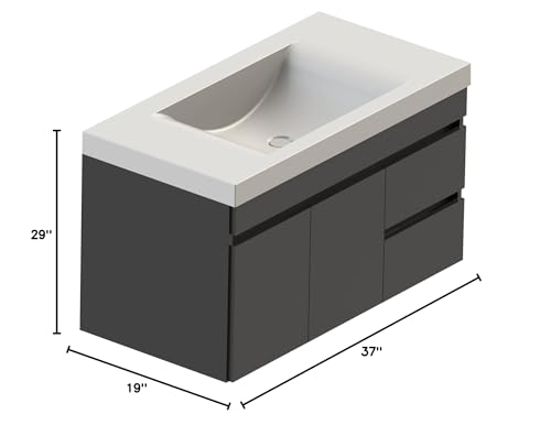 Lift Bridge Kitchen & Bath Assembled Wall-Mount Floating Bathroom Vanity with White Cultured Marble Top Sink Set, 37 in. W x 19 in. D x 29 in. H in Gray with Viteli + Siena Top