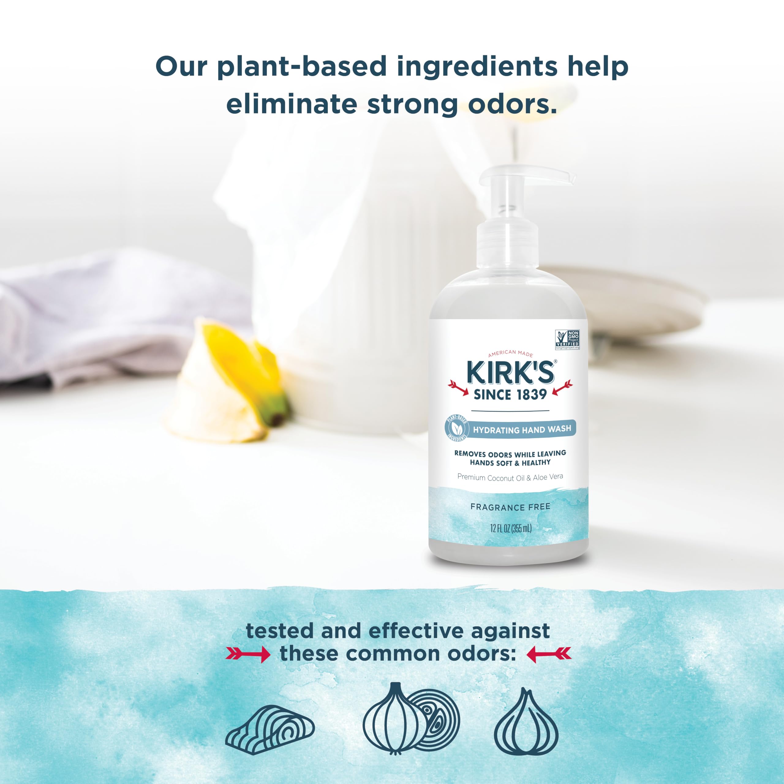 Kirk's Hydrating Hand Wash - Made with Premium Coconut Oil and Aloe Vera, With Plant Based Technology To Help Eliminate Odors, Non GMO, Vegan, Fragrance Free, 12 Fl Oz. 4 pack
