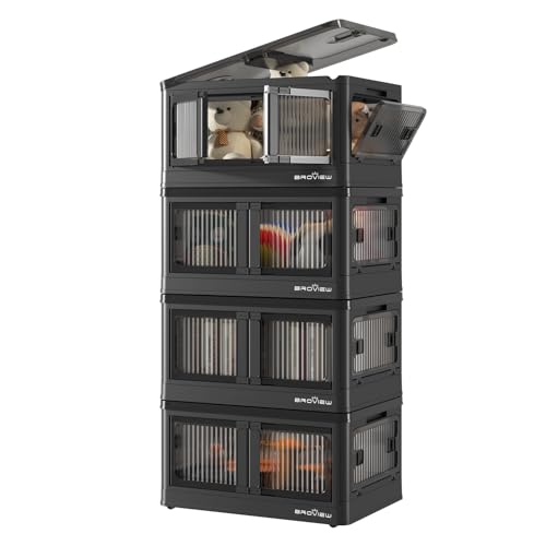 BROVIEW V5 33Gal Plastic Storage Bins with Lids, 4Pack Stackable Collapsible Storage Bins for Closet Organizers and Storage, Folding Storage Container Cabinets with Doors and Wheels, Black