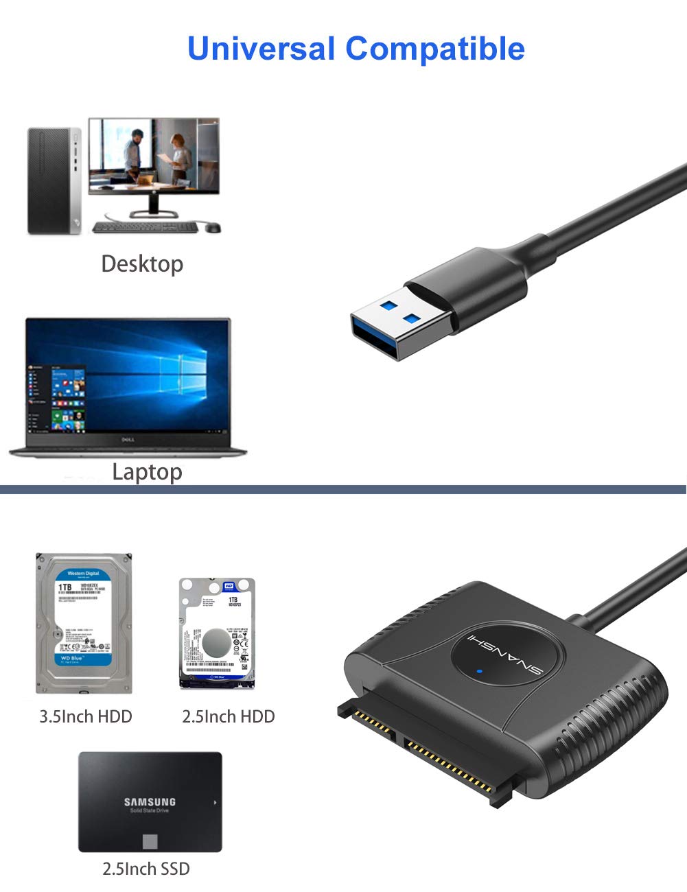 SNANSHI SATA to USB 3.0 Adapter USB to SATA Adapter with Power for 3.5/2.5 Inch HDD/SSD with 12V/2A Power Adapter