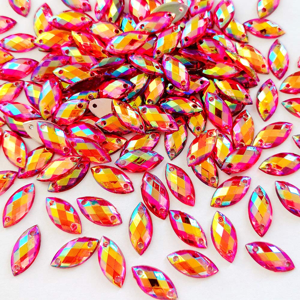 300pcs AB Horse Eye Shape Crystal Clear Sew On Acrylic Rhinestones Flatback Fancy Stones Sewing for Clothing Dress Decorations 7X15MM (Red)