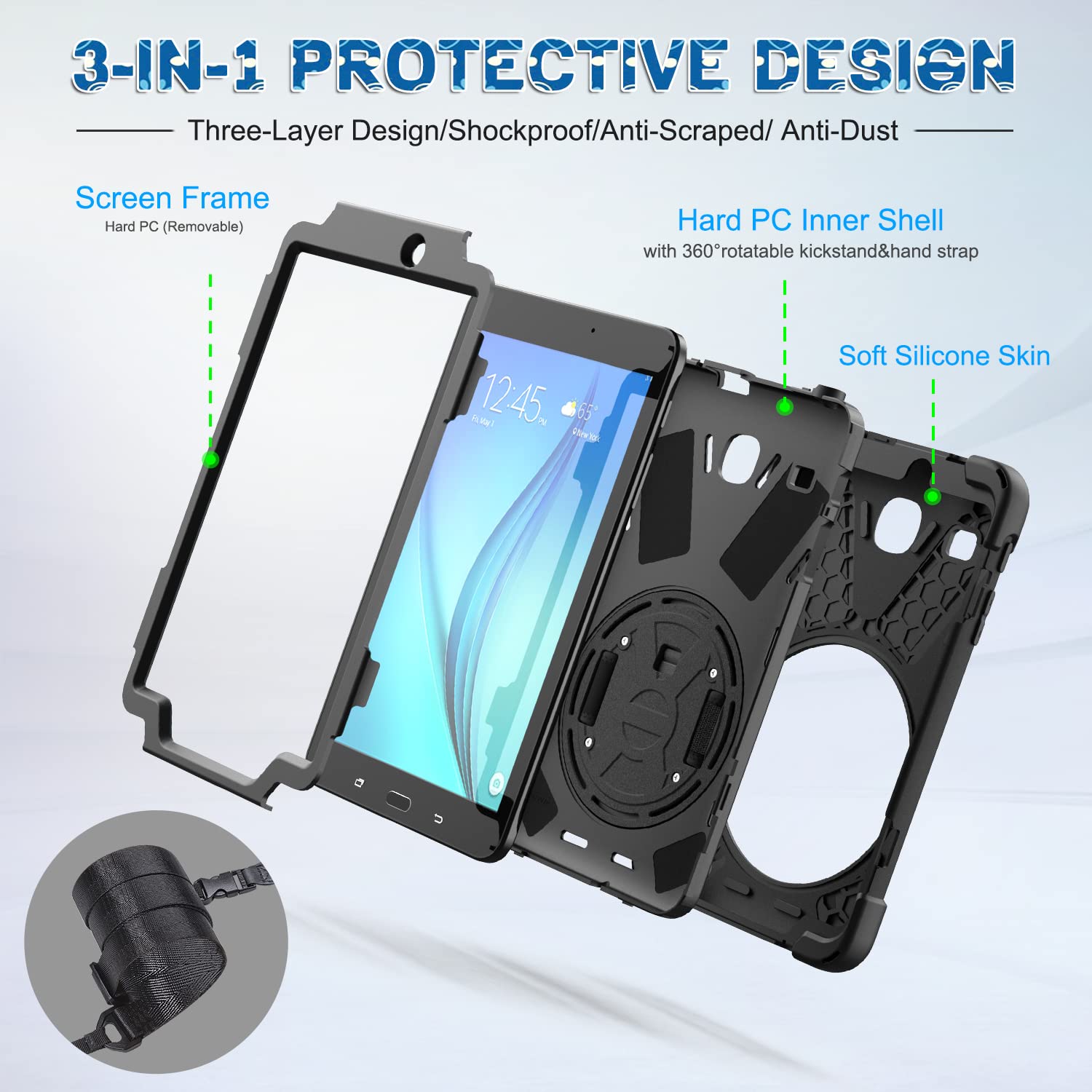 BRAECNstock Samsung Galaxy Tab E 8.0 Case (SM-T375/T377/T378),Shockproof Durable Protective Cover with 360° Kickstand&Hand Strap,Shoulder Strap,Kids Tablet Case for Galaxy SM-T377A/T377V/T378V,Black