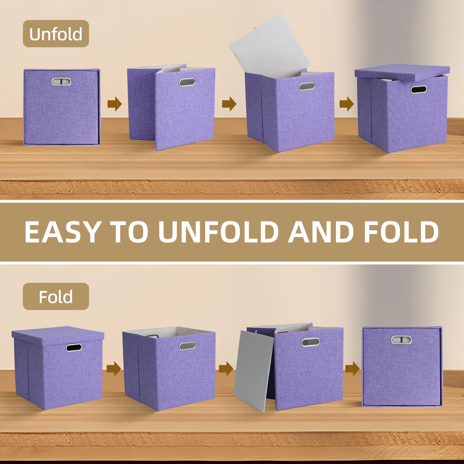 ORGMASTER Stackable Fabric Storage Bins with Lids, 13 x 13 Storage Cubes, Collapsible Bins Cube Storage Organizer Boxes Containers Baskets for Home, Office, Closet, Shelves, 4-Pack, Purple