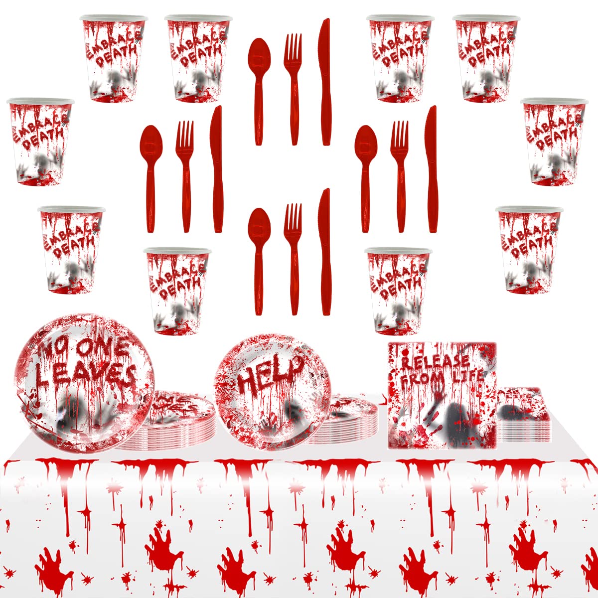 81Pcs Halloween Tableware and Decorations, 20 Guest - Halloween Plates, Party Cups, Napkins, Tablecloths, Plate, Knives, Forks, Halloween Party Supplies(Red)