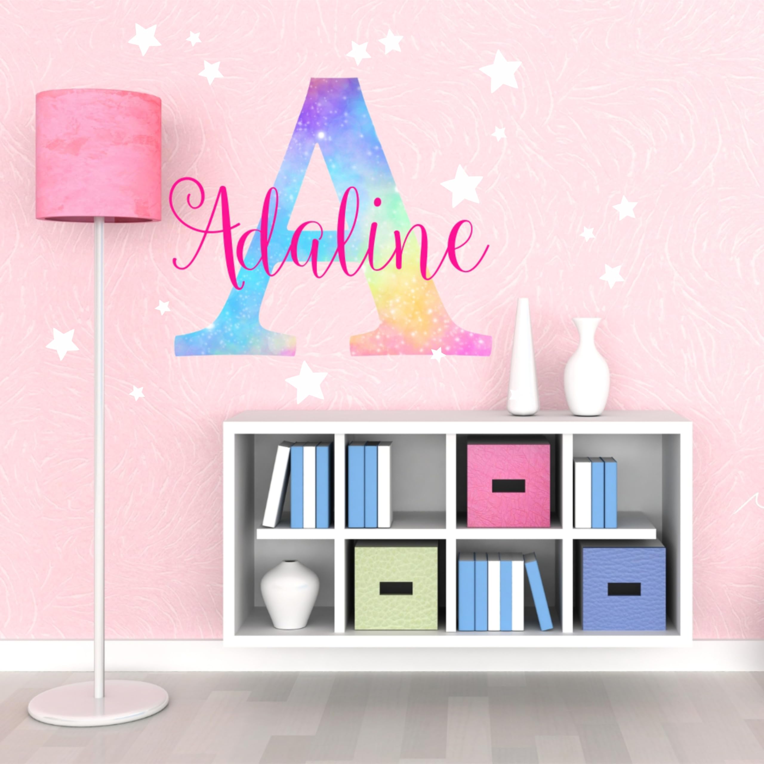 Girls Nursery Shimmer Rainbow Printed Initial and Stars Custom Personalized Name and Initial Kids Vinyl Wall Decal, Wall Sticker Decor for Babies (Multi-Size Choices). (Shimmer Rainbow)