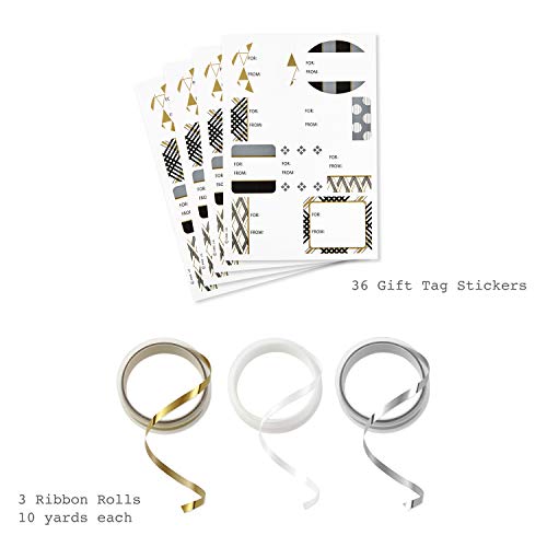 Hallmark Reversible Wrapping Paper Bundle with Ribbon & Gift Tag Stickers - Black, Gold Stripes, Plaid (3 Pack, 120 sq. ft. ttl, 30 Yds. Mini Ribbon, 36 Labels) for Graduations, Weddings, Christmas