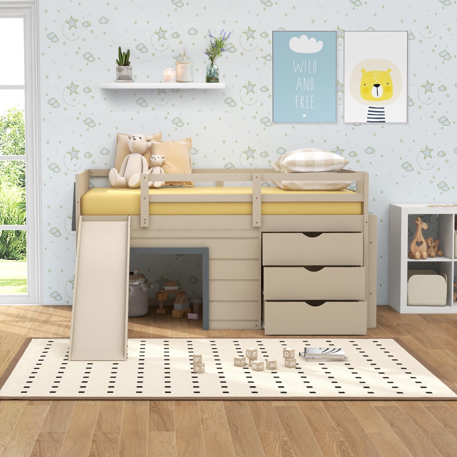 Giantex Twin Low Loft Bed with Slide, Solid Wood Twin Loft Bed with Ladder, 3 Storage Drawers and Bottom Game Space, Kids Bed Frame for Girls Boys, No Box Spring Needed, Sage