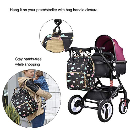 Junlion Diaper Bag, Waterproof Diaper Backpack Baby Nappy Bags with Hooks + Independent Dirty Diaper Pouch Elephant