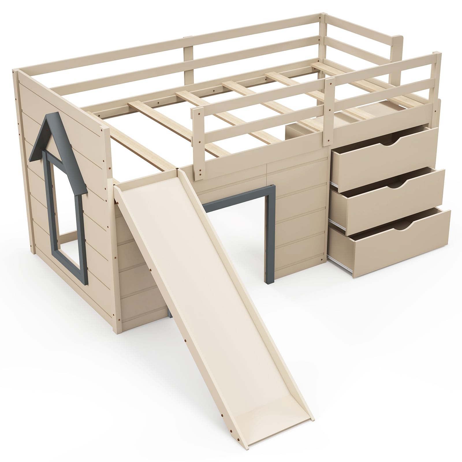 Costzon Twin Low Loft Bed, Multifunctional Loft Bed with Slide, Ladder, 3 Drawers & Under-Bed Play Space, No Box Spring Needed, Wooden Loft Platform Bed Frame with Guardrails for Teens (Beige)