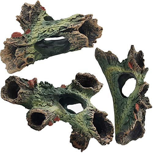 TIHOOD 3PCS Decaying Trunk Aquarium, Betta Fish Ornament, Freshwater Ornament - Resin Aquarium Decoration Log, Fish Tank Wood with Holes and Aquarium Caves