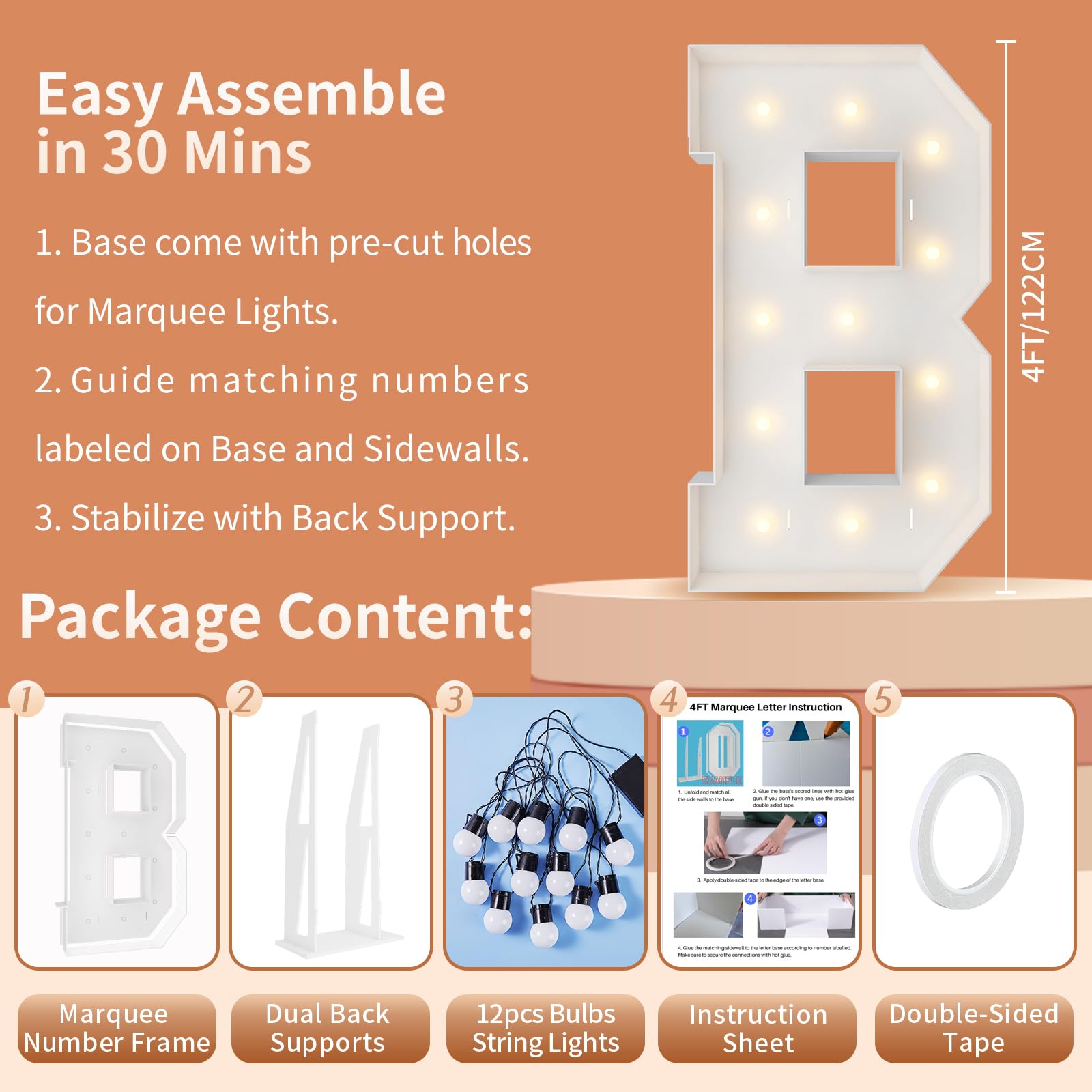 4FT Marquee Light Up Letters, Large Marquee Letters, Mosaic Balloon Frame Letters Big Letters for Engagement Wedding Decorations Birthday Party Backdrop Decor, Balloon Arch Kit Letter B