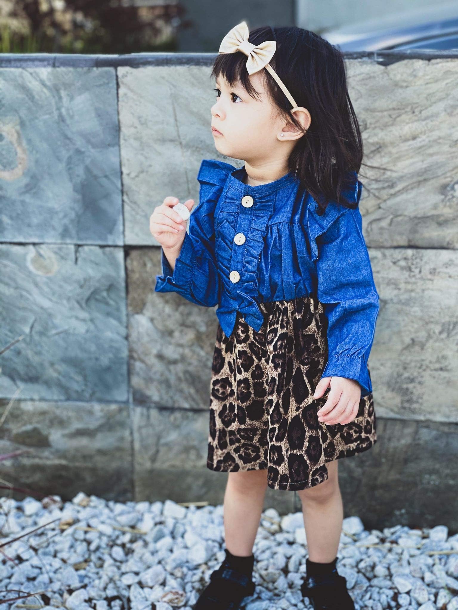 Toddler Baby Girl Long Sleeve Fall Dress Infant Denim Leopard Ruffle Dresses Cheetah Outfit, Blue, 2-3T