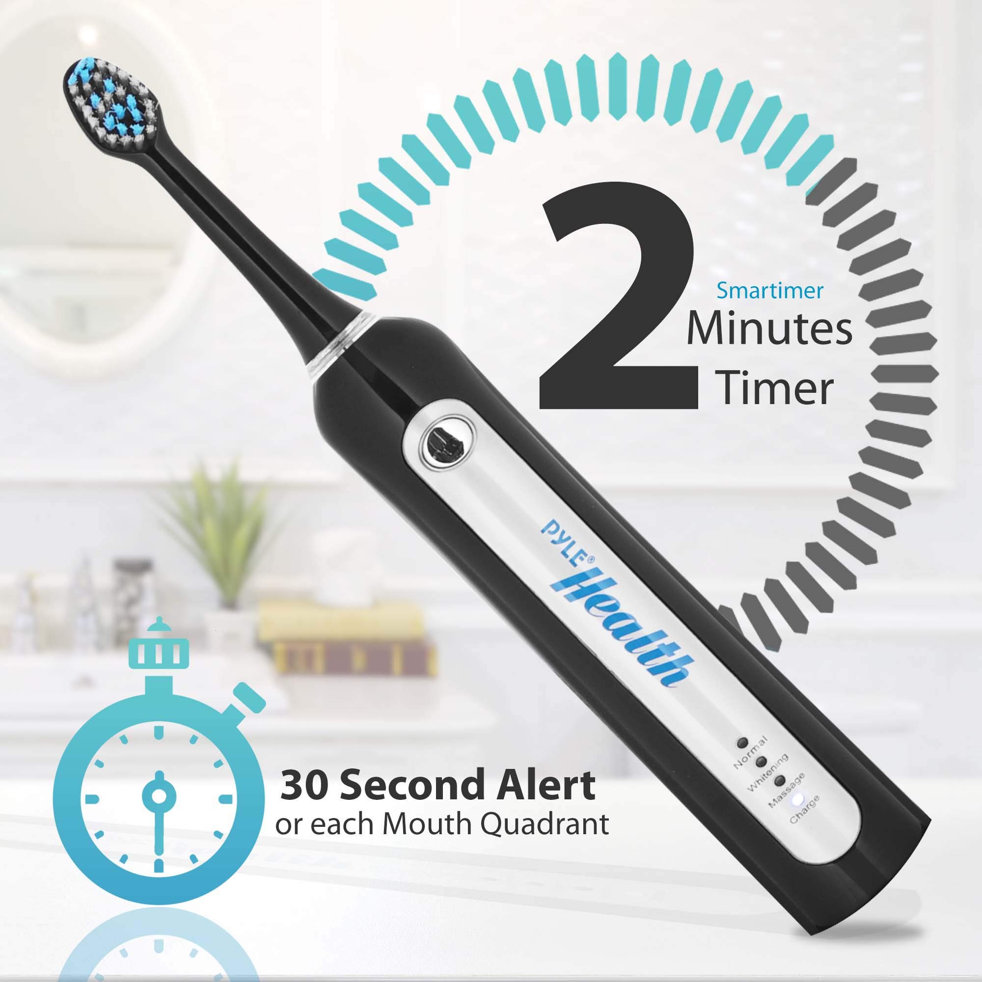 Pyle Health Ultra Sonic Wave Rechargeable Electric Toothbrush with 3 Brush Modes, Two Minute Timer, 2 Oral Brush Heads, Automatic Charging Dock Holder - for Kids, Teens, Adults - PHLTB41BK.5 (Black)