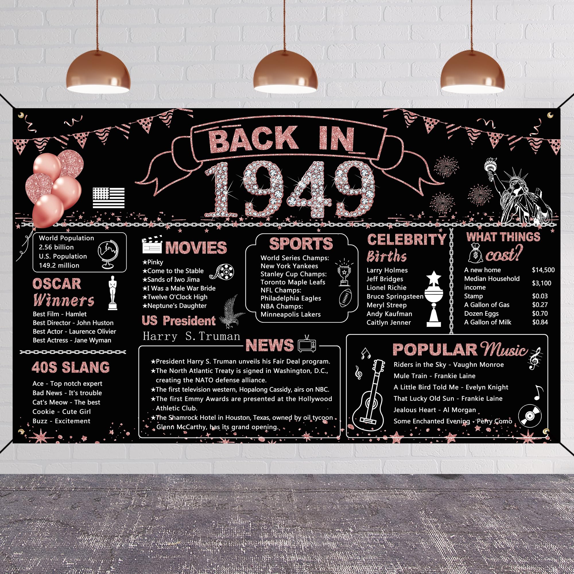 DARUNAXY 75th Birthday Rose Gold Party Decoration, Back in 1949 Banner for Women 75 Years Old Birthday Photography Background Vintage 1949 Poster Backdrop for Girls 75th Class Reunion Party Supplies