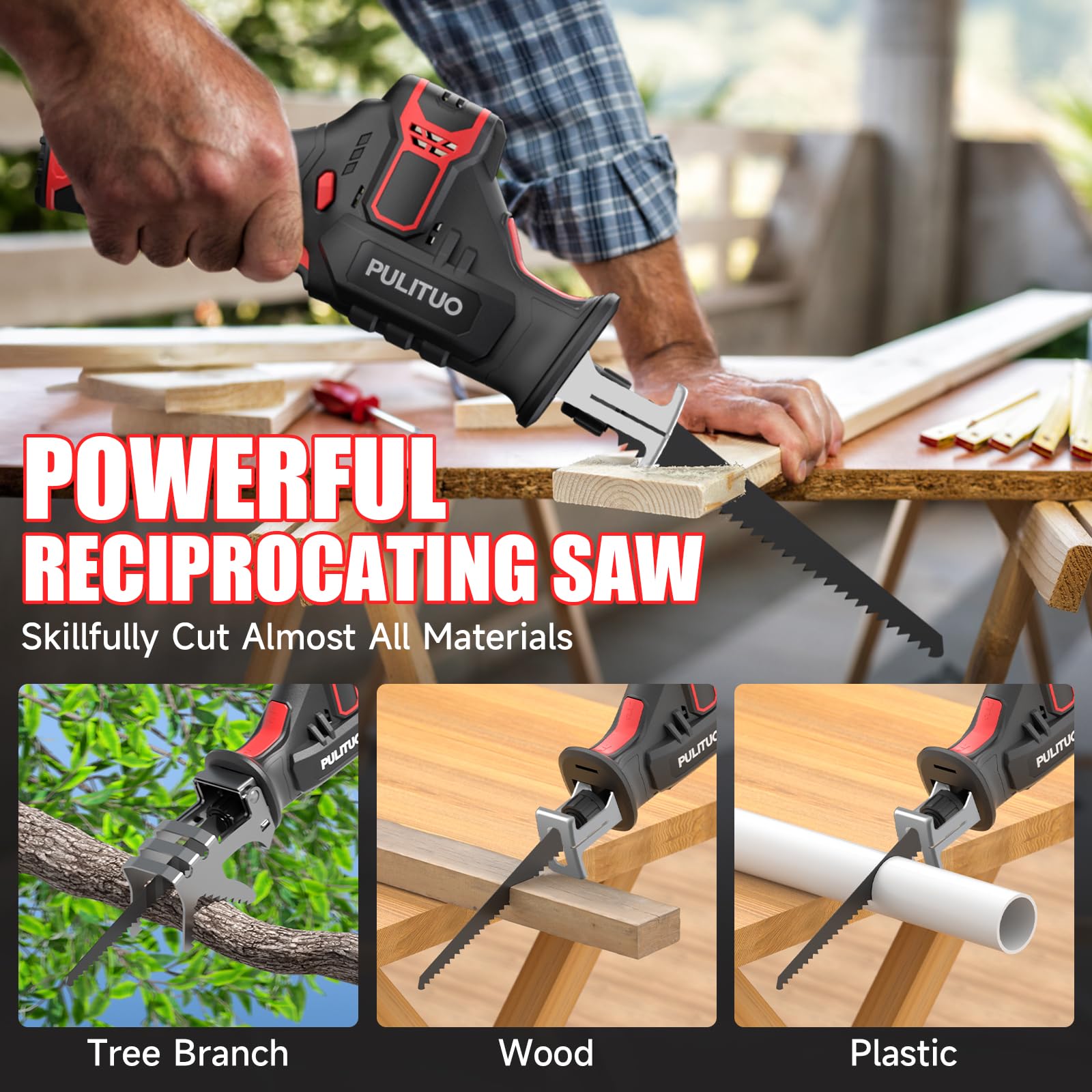 PULITUO Reciprocating Saw Cordless, Power Reciprocating Saws Compact Design,Including 2pcs 2000mAh Li-Ion battery, 1-Hour Fast Charger, Clamp Jaw, 4pcs of Saw Blades for Wood/Metal/PVC