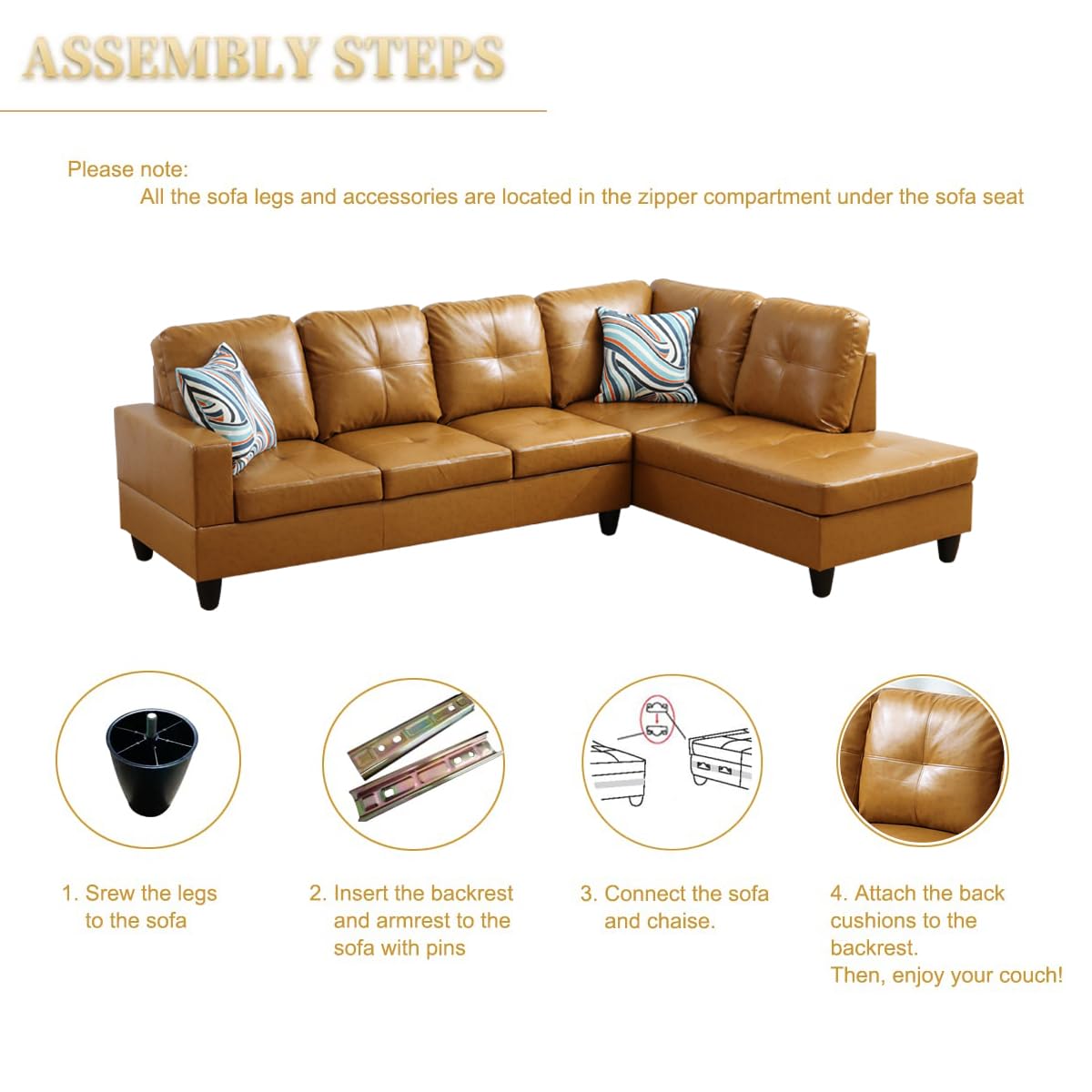 A Ainehome Living Room Sofa Set 2 Pieces Sectional Sofa Set, L-Shape Sofa Faux Leather Couch with Chaise for Living Room/Office/Apartment (B-Ginger, Right Hand Facing)