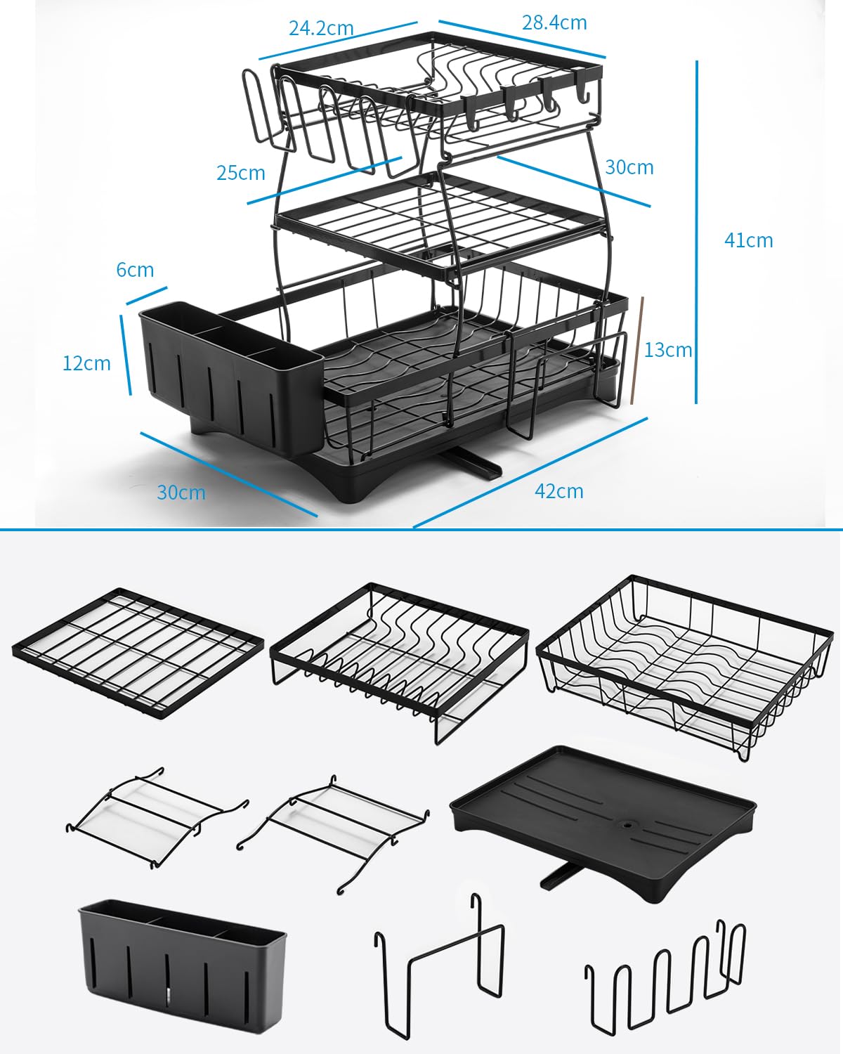 3 Tier Dish Drainer Rack for Kitchen Counter, Large Capacity Dish Drying Rack with 360° Rotating Drainboard, Dish Drainers for Kitchen Sink, Countertop Large Detachable Stainless Steel Dish Rack