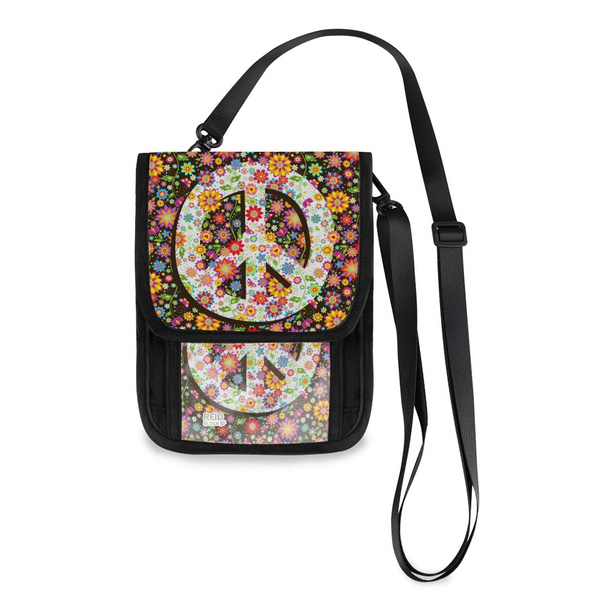 ALAZA Hippie Flowers And Peace Symbol Floral Small Crossbody Wallet Purse Cell Phone Bag Rfid Passport Holder with Credit Card Slots
