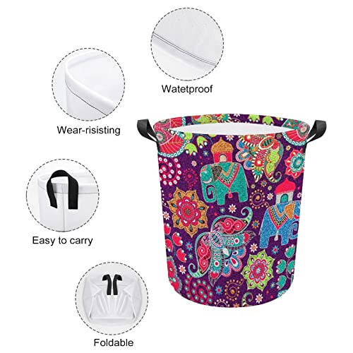 Colorful Flower Elephant Waterproof Laundry Baskets Bohemia Collapsible Laundry Hamper with Handles Large Round Toy Bin for Dirty Clothes,Kids Toys,Bedroom,Bathroom