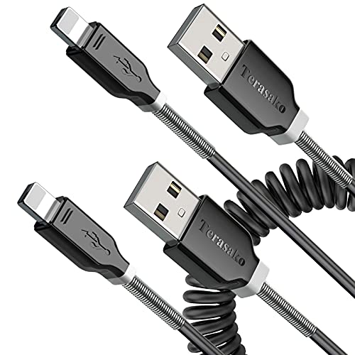 Coiled Lightning Cable for Car 2 Pack, Terasako Coil iPhone Charger Cable Compatible with iPhone 12Pro Max/12Pro/12/11/XS/XS Max/XR/X/8/8 Plus/iPad/iPod - Black