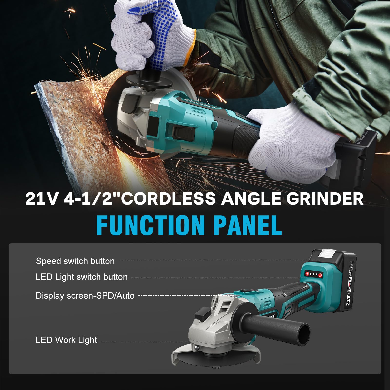 Avhrit Cordless Angle Grinder, 21V Power Angle Grinder Tools with 4.0Ah Battery & Fast Charger, 9000 RPM Brushless Motor Metal Grinder, 4-1/2'' Cutting Wheels, Flap Disc for Cutting, Grinding
