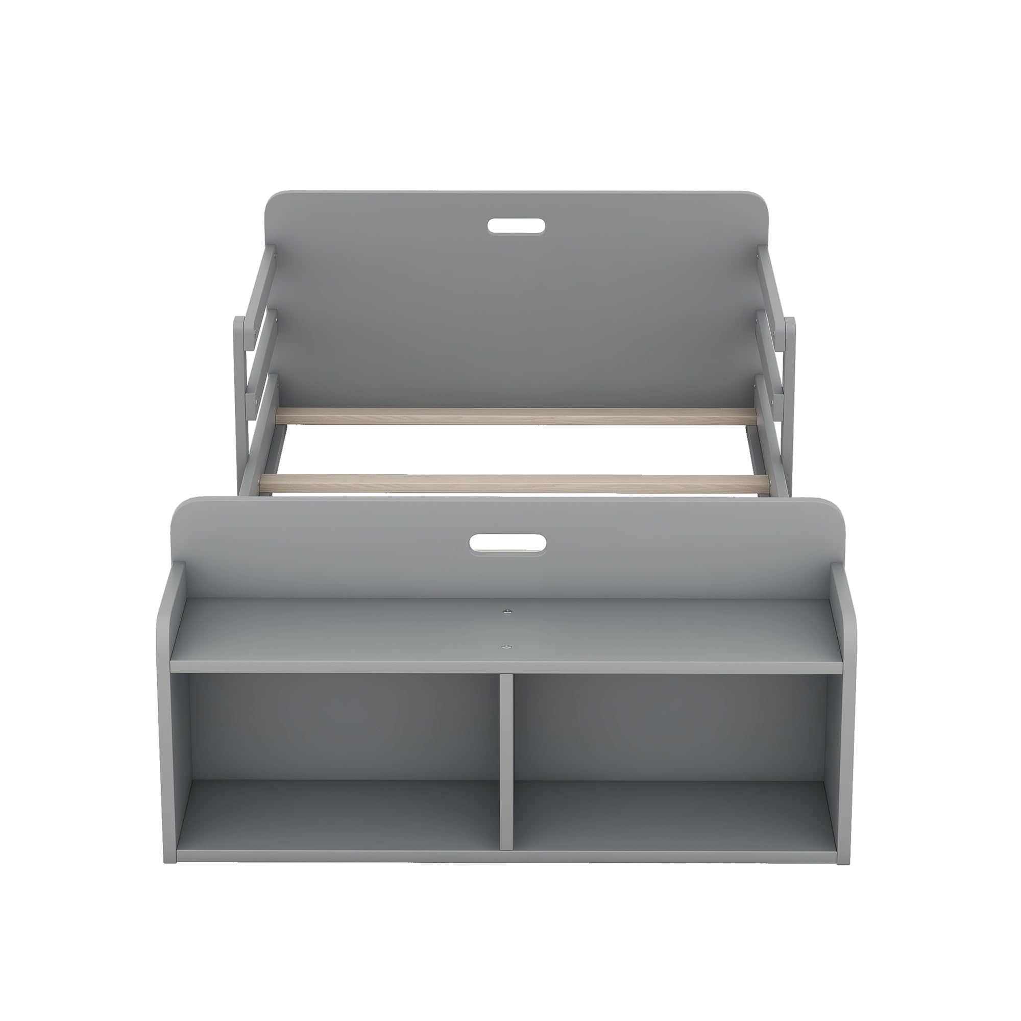 Harper & Bright Designs Twin Size Floor Bed with Storage Footboard and Guardrail, Wood Floor Bed Frame with Solid Wood Slats,Twin Bed Frame for Kids Girls Boys,Gray
