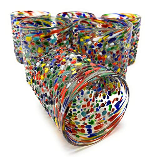 Hand Blown Mexican Drinking Glasses – Set of 6 Confetti Rock Tumbler Glasses (10 oz each)